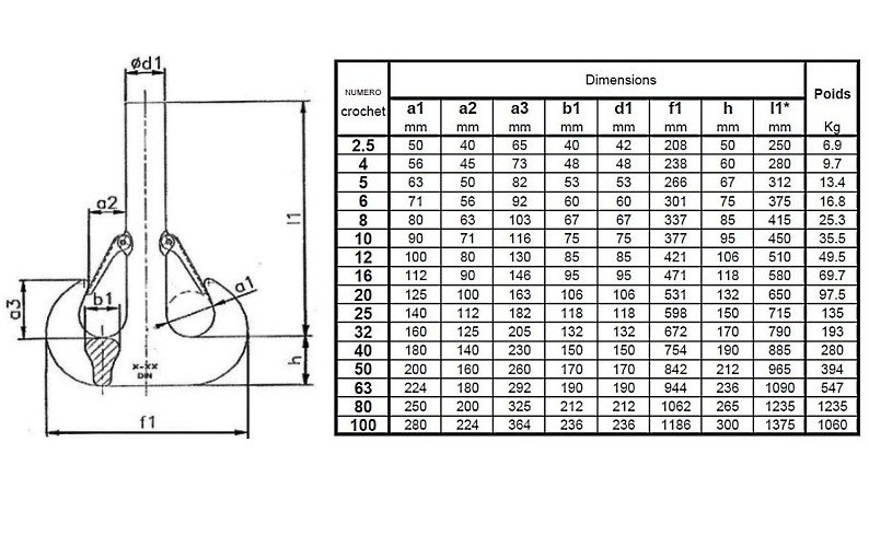 Crochet double à linguet DIN 15402 avec tige brute à usiner - N° 2,5 à ...