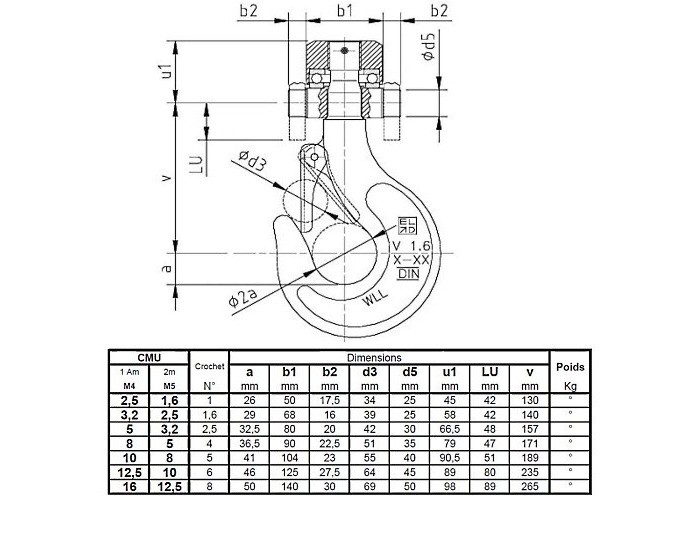 Crochet simple à linguet DIN 15401 avec suspente à émerillon - N° 1 à 8 - Crochets de palans DIN ...