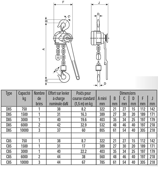 Palan manuel à levier à chaîne en fonte malléable PUL-LIFT D85 (chaîne ...