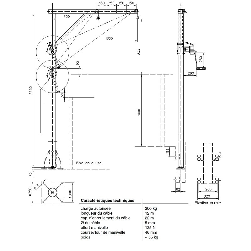 Potence transportable zinguée ou inox - Capacité 300 kg, portée 0,70 m à 1,30 m - Potences ...